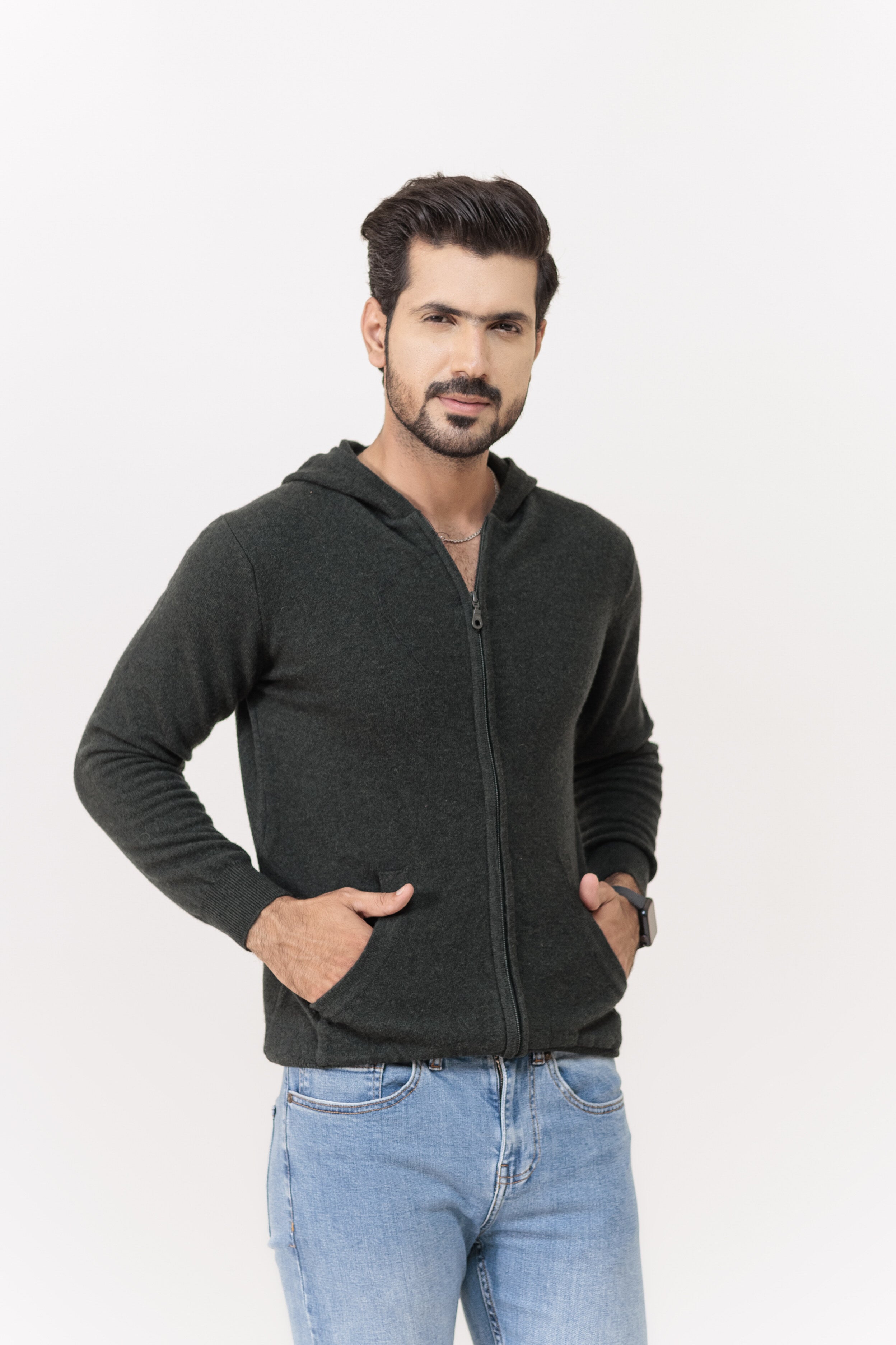 Super Fine Wool Hoodie Zipper Sweater D Olive – Oxford Store